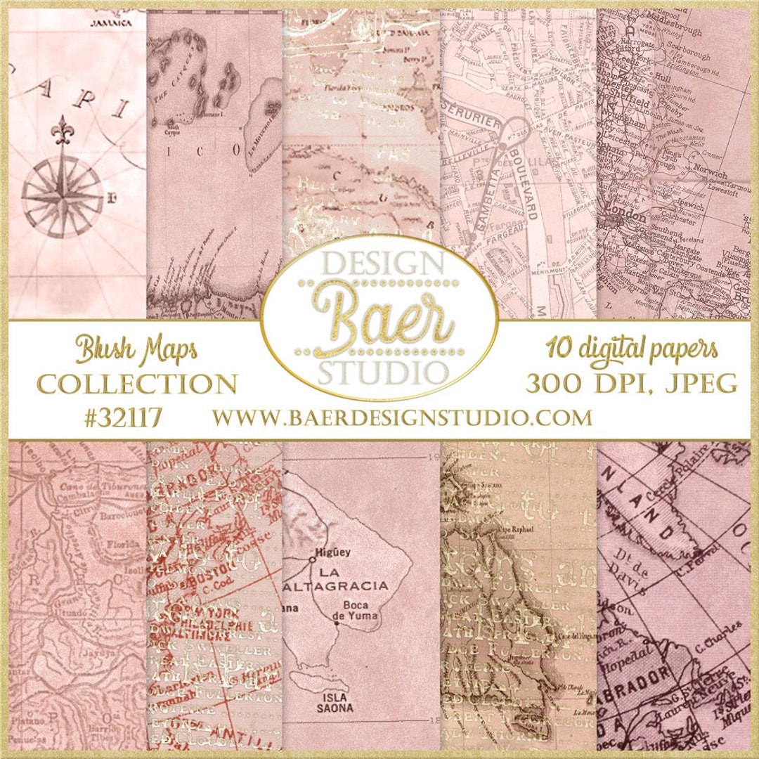 Pink Vintage Map Digital Paper: Blush Decoupage Printables, Dusty Rose ...