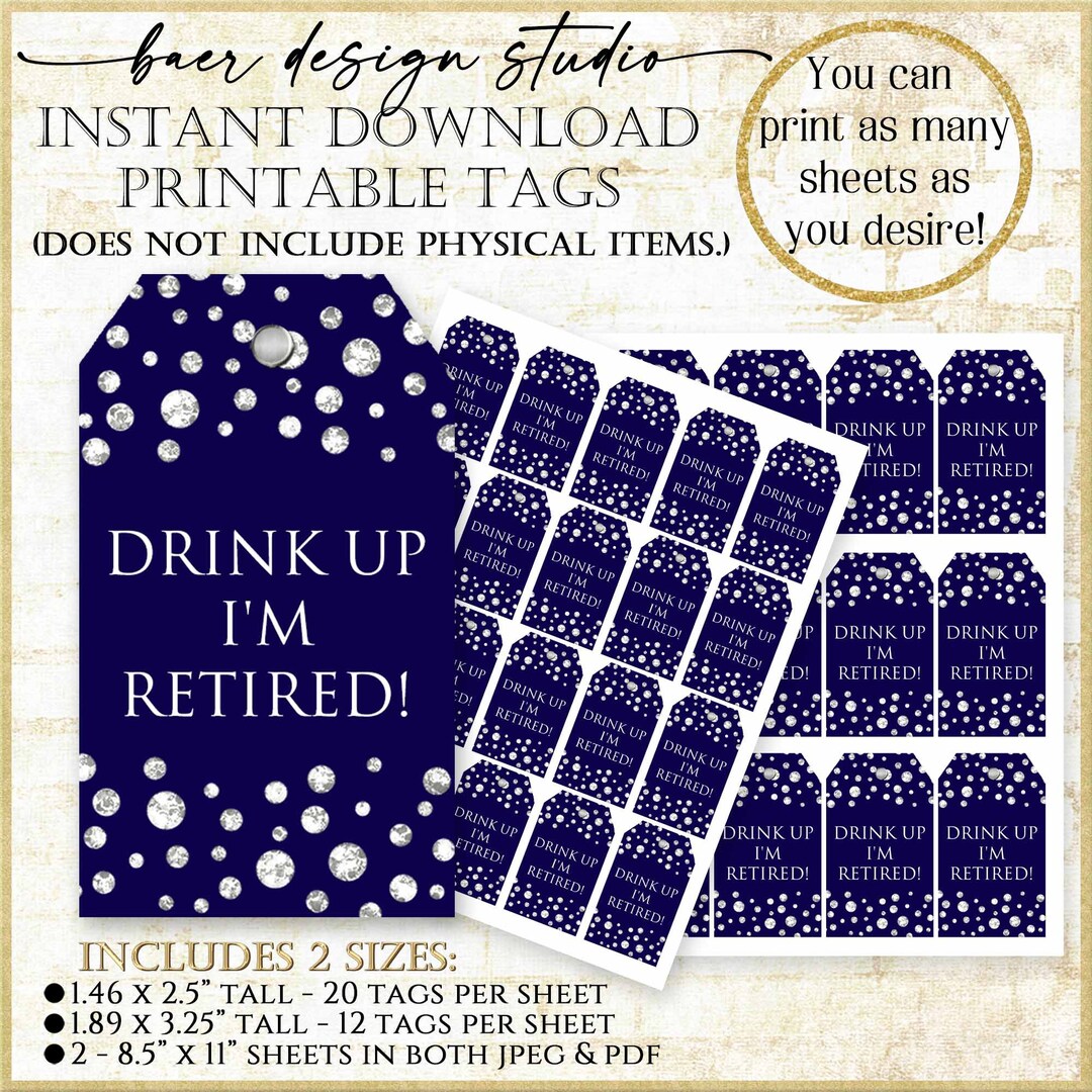 Drink up I'm Retired Tag in 2 Sizes:retirement Party Favor Tag, Navy ...