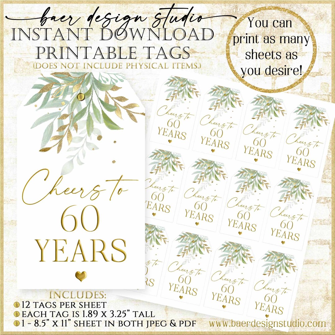Cheers to 60 Years Thank You Tag:60th Birthday Party Favor Tags Digital ...