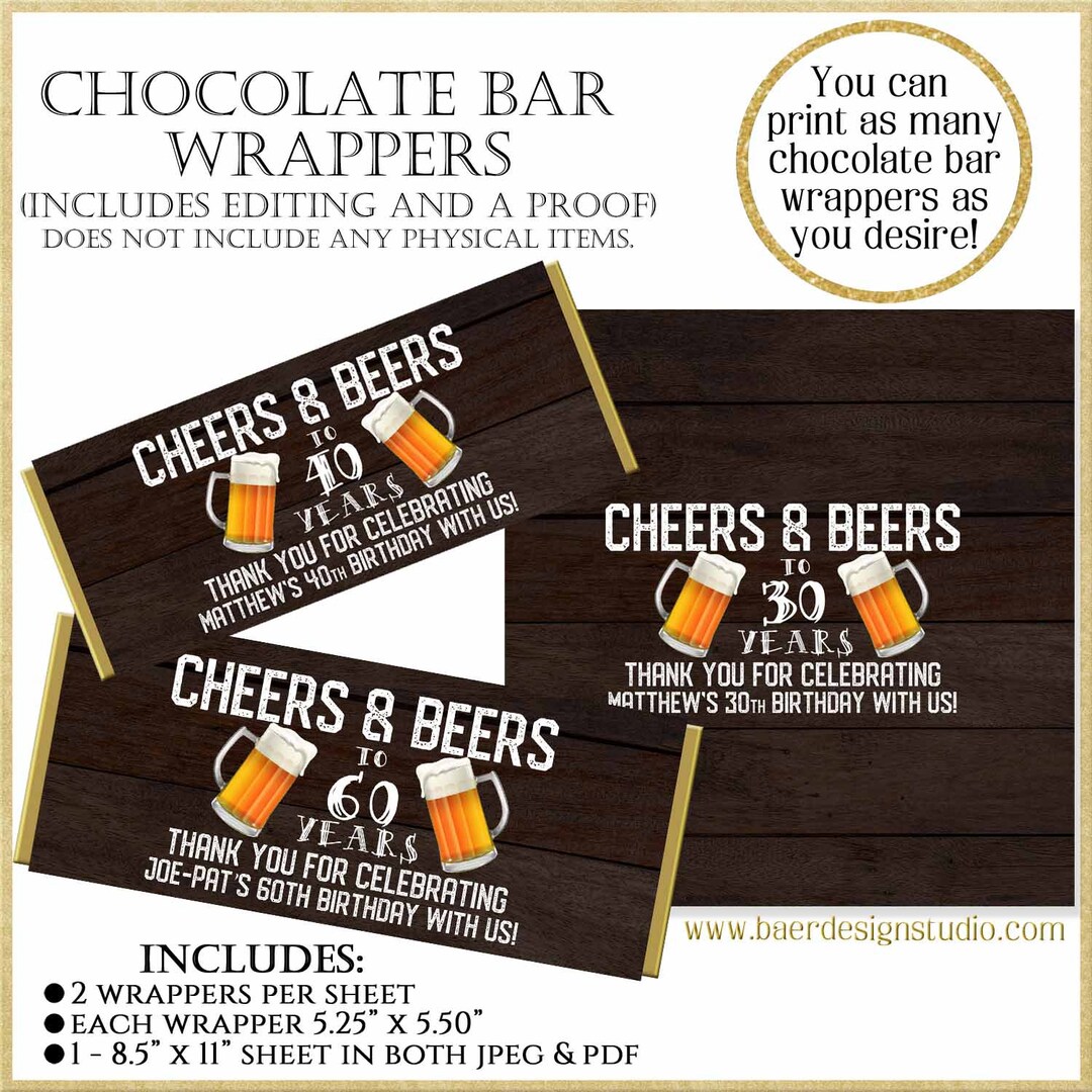 Cheers and Beers Candy Bar Wrapper:60th Birthday Chocolate Bar Wrappers ...