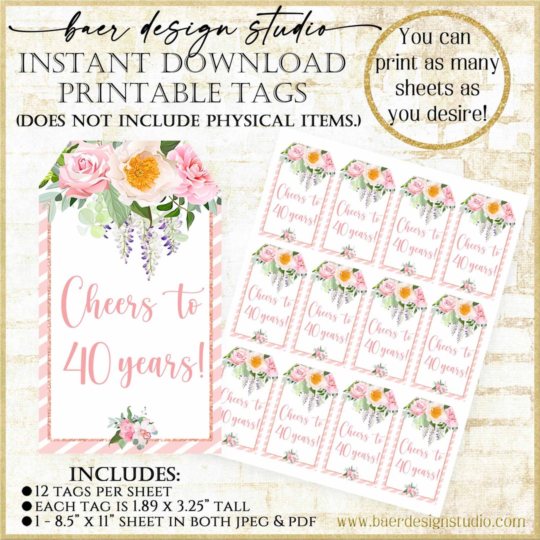 40th Birthday Tag, 40th Anniversary 40th Party Favor Tags, Cheers to 40 ...