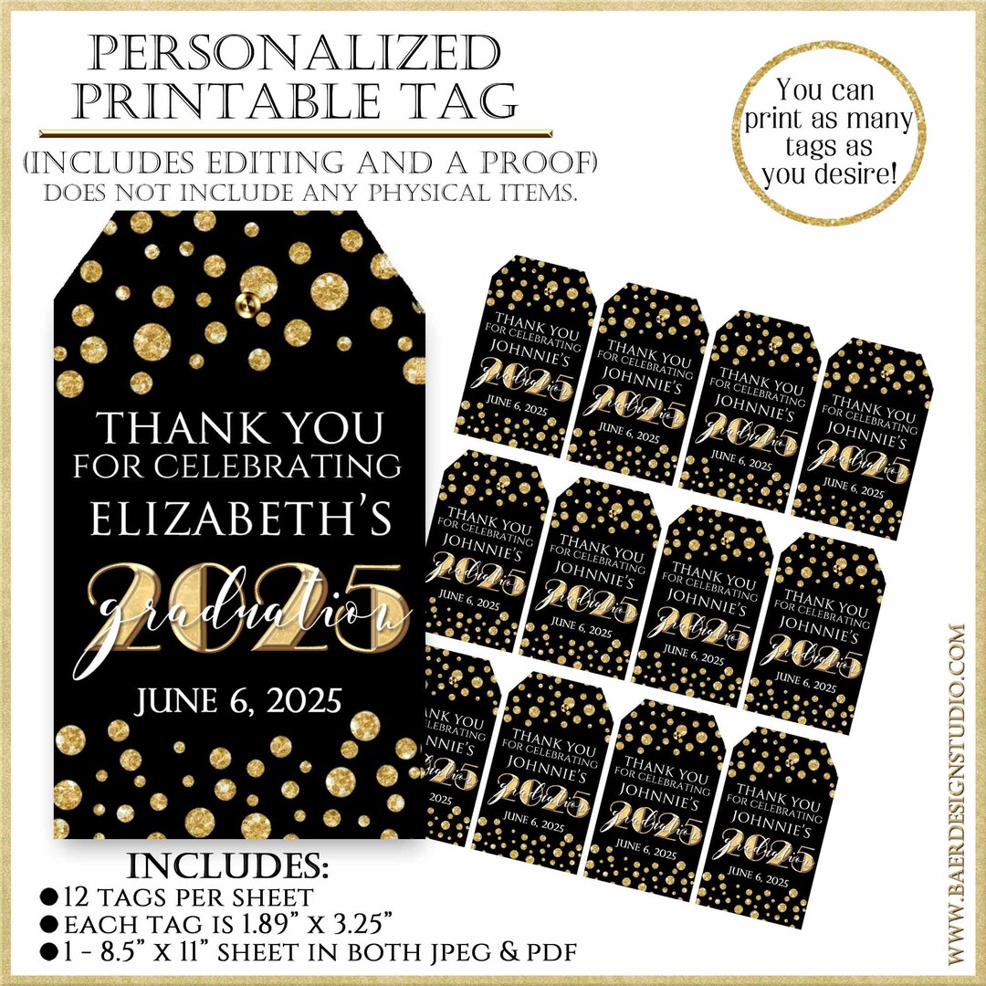 Class of 2025 Graduation Thank You Tag, Black and Gold Graduation Tag ...