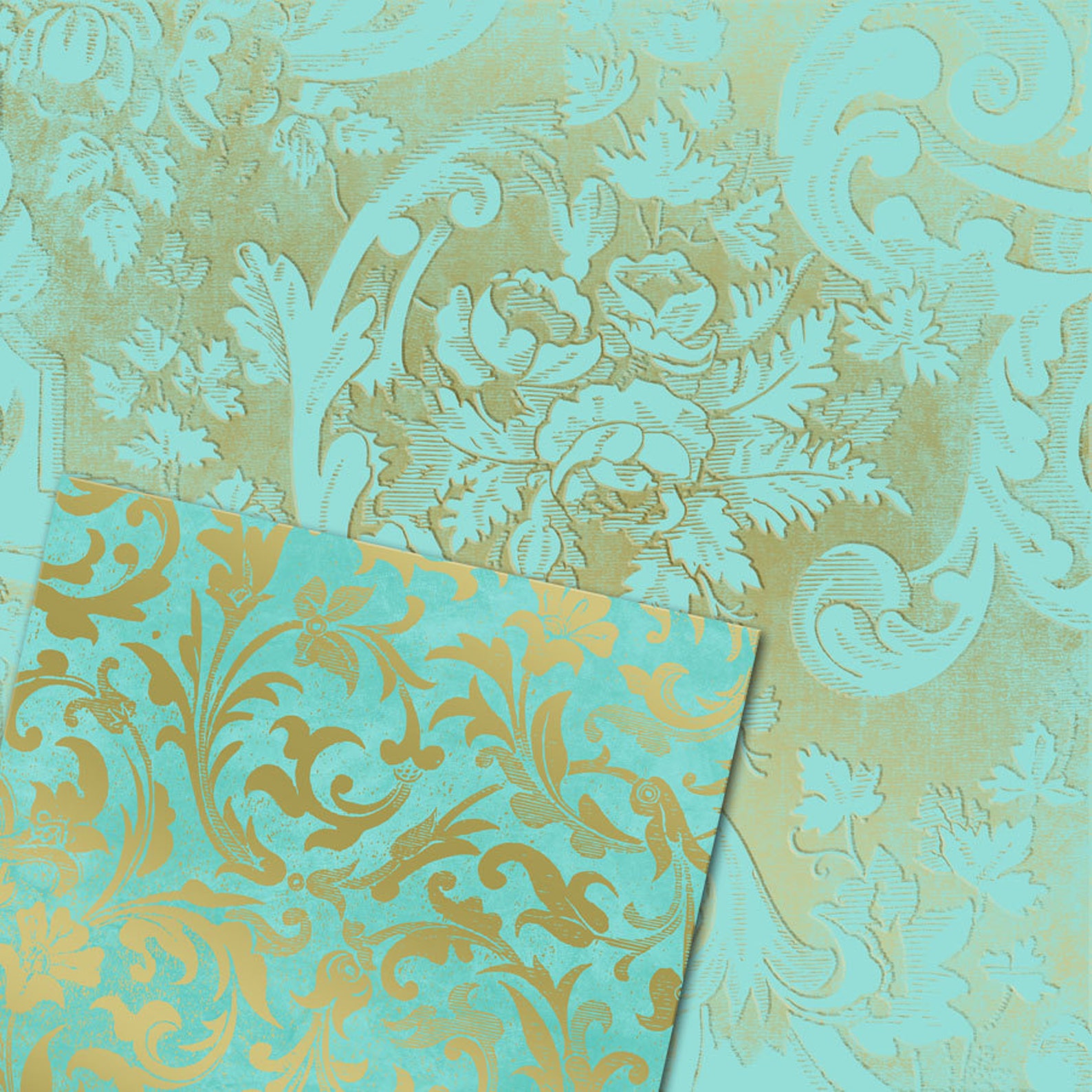 Turquoise and Gold Digital Paper Printablesgold Foil and - Etsy