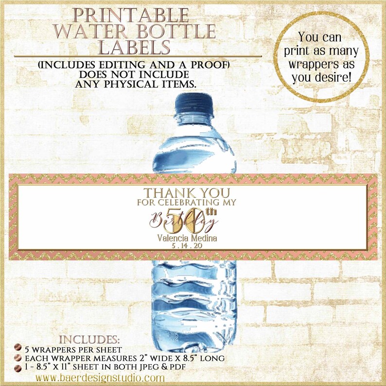 Rose Gold Water Bottle Label:printable Waterbottle Label - Etsy