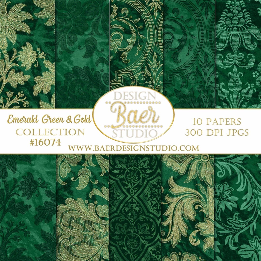 Emerald Green and Gold Digital Paper, Forest Green Digital Background ...