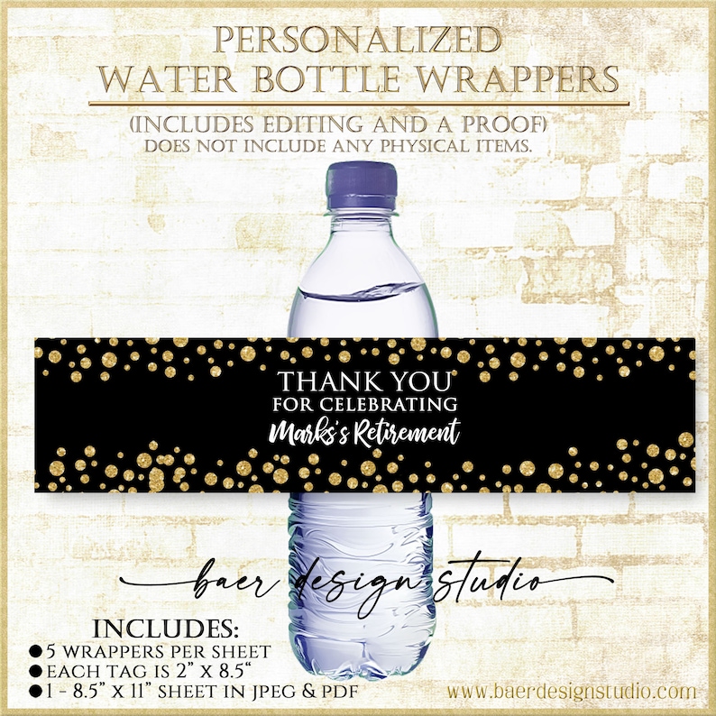 Custom Water Bottle Labels: Black and Gold Water Bottle - Etsy