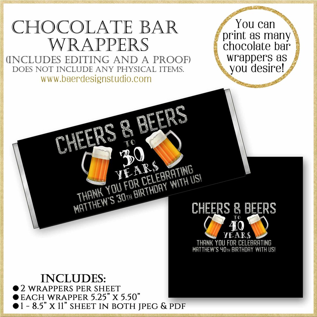 Black and Silver Cheers and Beers Candy Bar Wrapper:30th Birthday ...
