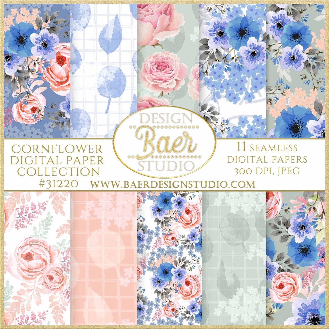 Shabby Chic Floral Digital Paper: Cornflower Blue Chintz (digital ...