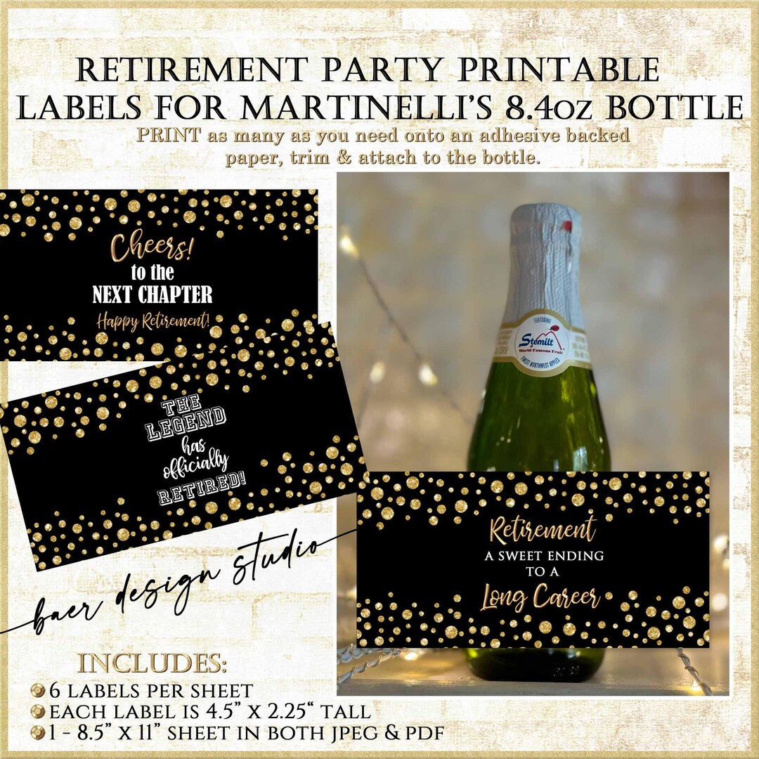 Retirement Party Martinelli Bottle Labels: Black, Gold, White (digital ...