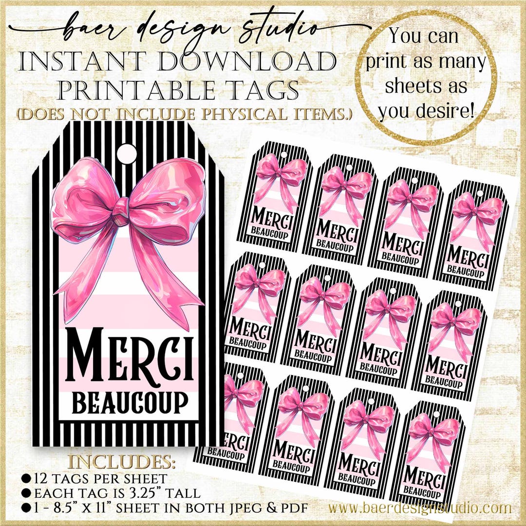 Merci Beaucoup Party Favor Tags Printable, Soft Pink and Black Cutesy ...