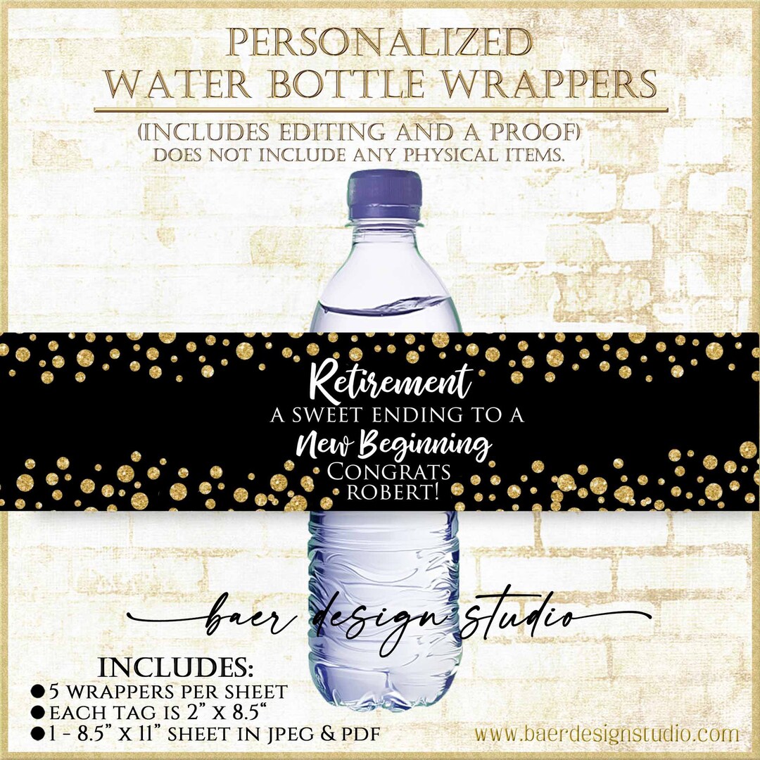Personalized Retirement Water Bottle Wrappers, Black and Gold Confetti ...
