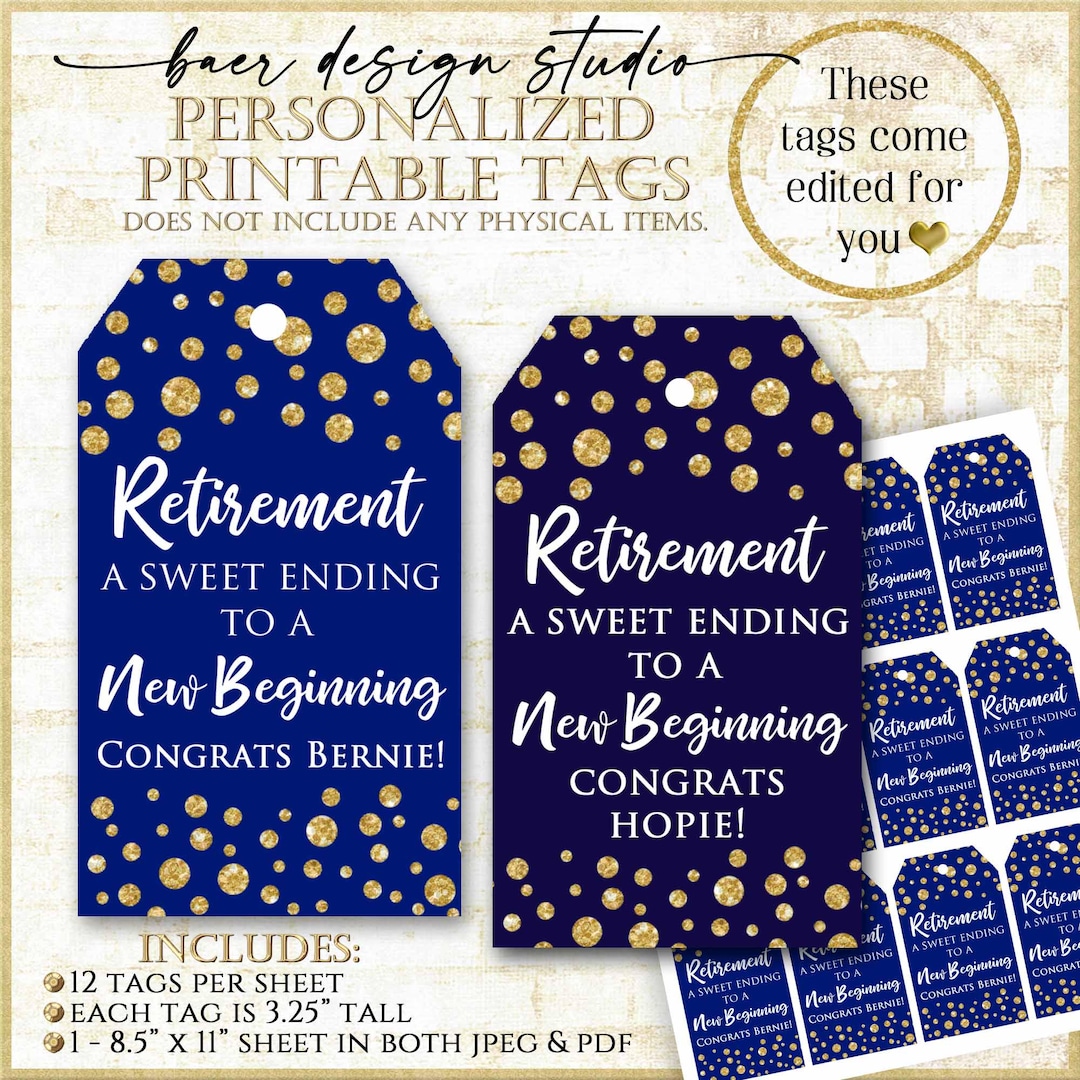 Retirement A Sweet Ending to a New Beginning Tag Printable, Royal Blue ...