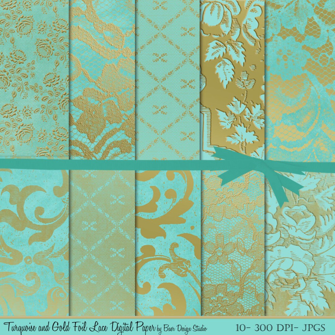 Turquoise and Gold Digital Paper Printables, Gold Foil and Turquoise ...