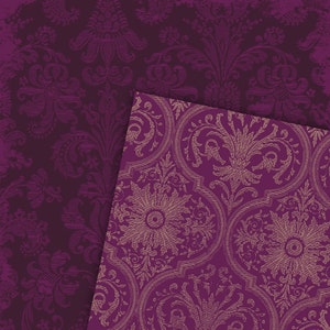 Purple and Gold Damask Digital Paper, Purple Digital Paper, Aubergine ...
