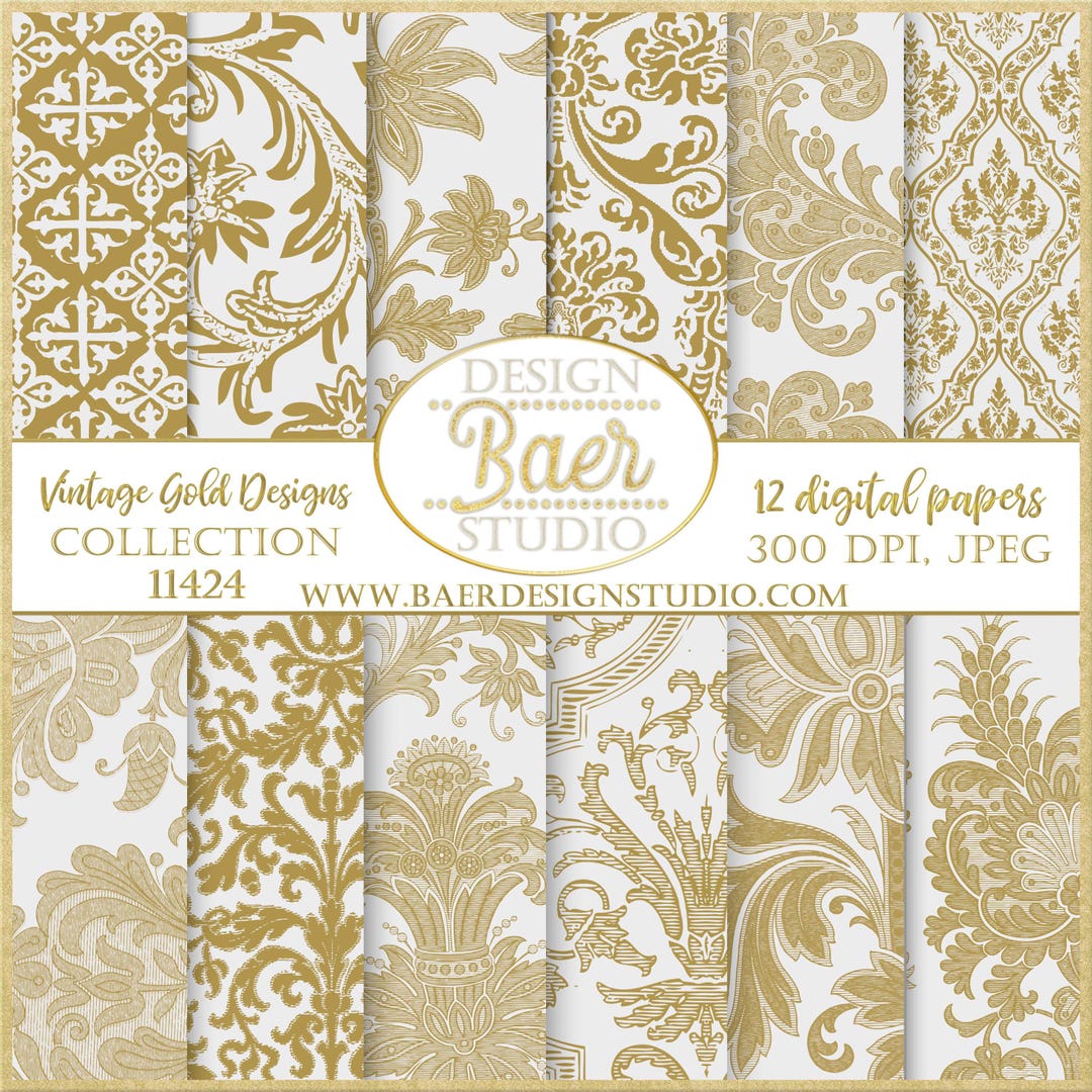 Gold Damask Digital Paper Pack, Shabby Chic Wedding (digital Download ...