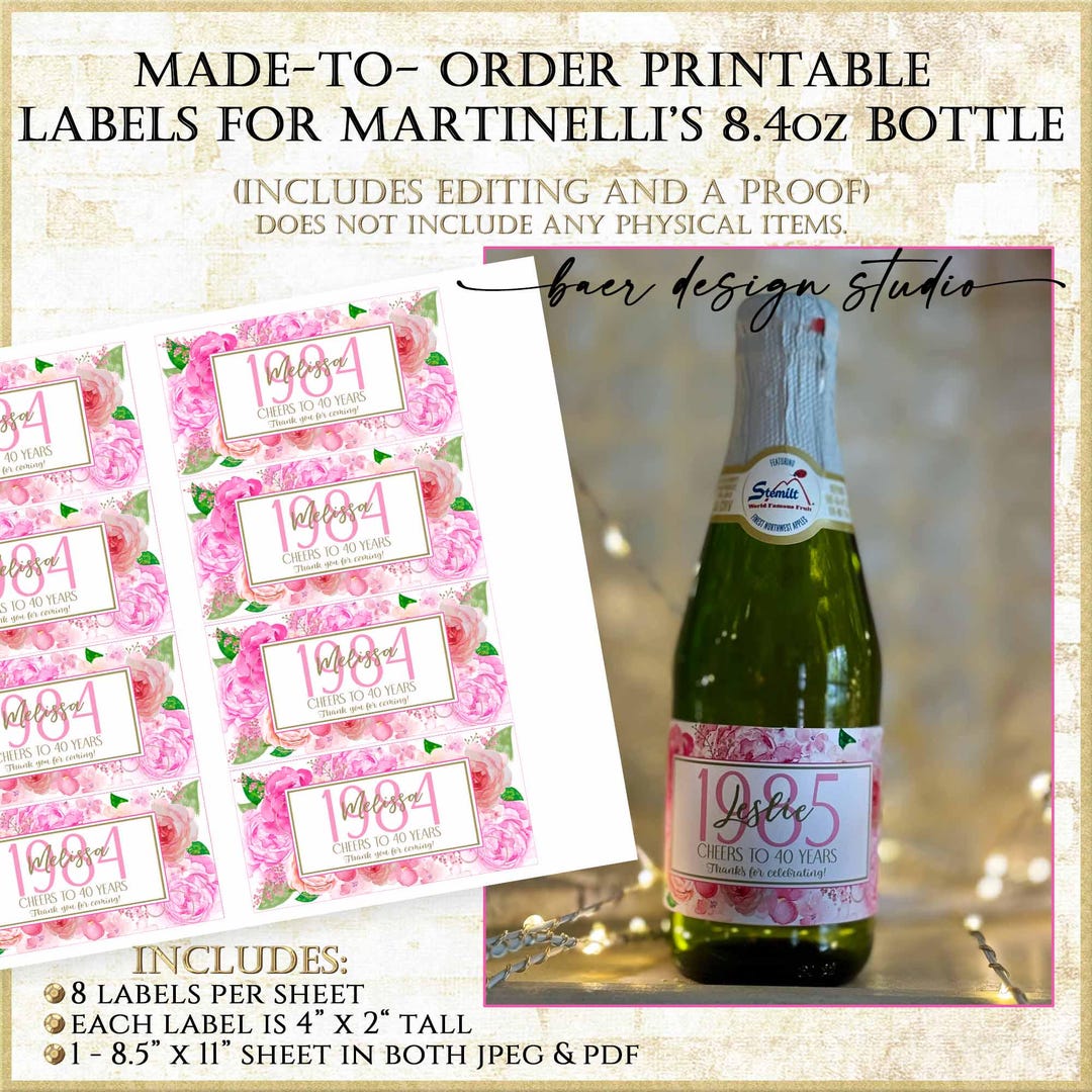 Personalized Pink Floral Martinelli's Bottle Label, Birthday ...