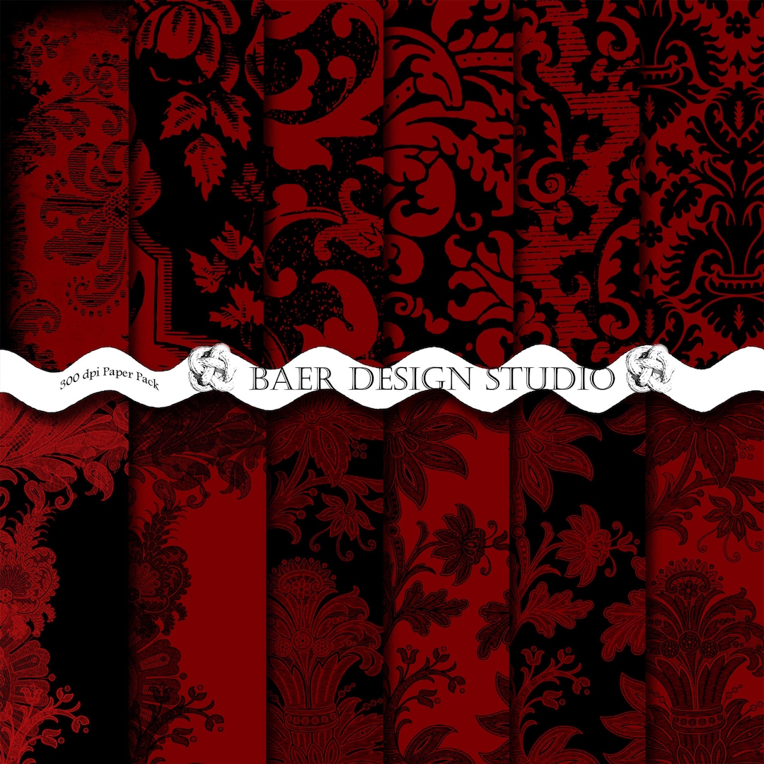 Red and Black Damask Digital Paper, Antique Christmas Digital ...