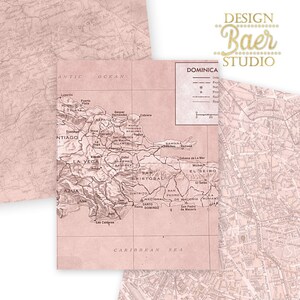 Pink Map Digital Paper: Blush Decoupage Printables, Dusty Rose ...