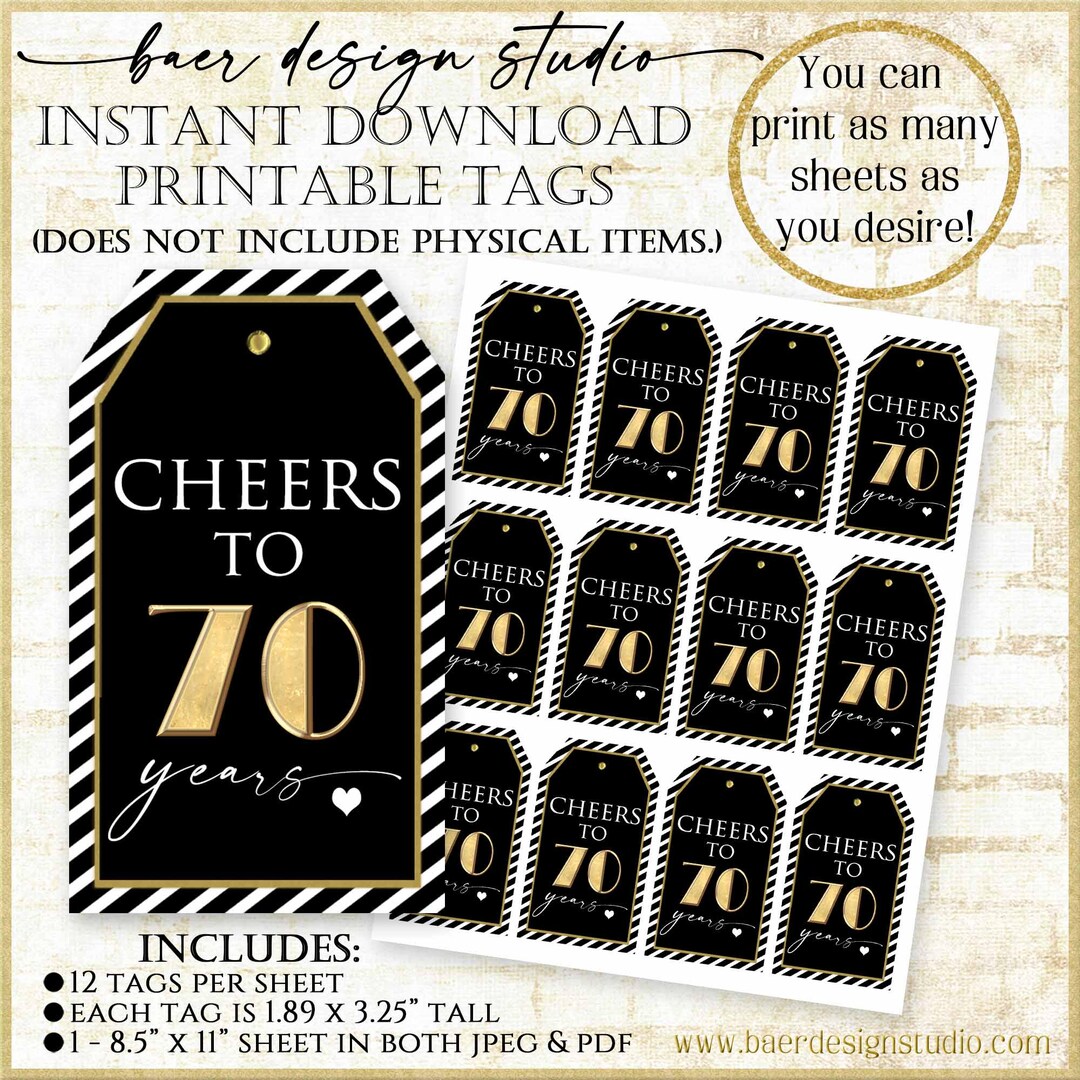 70th Birthday Favor Tags: Cheers to 70 Years Printable (PDF & JPG) - Etsy