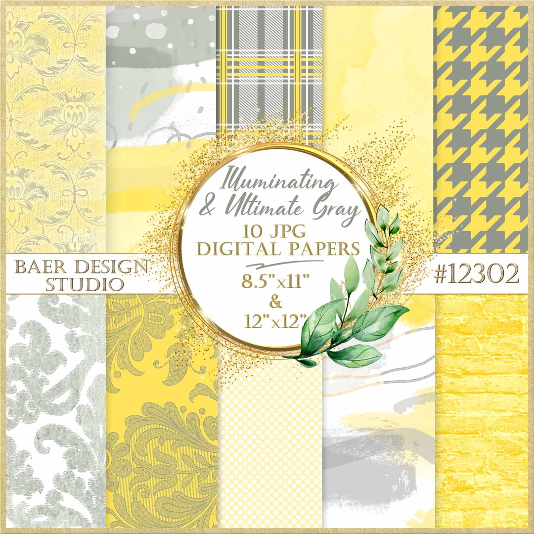 Yellow and Gray Digital Paper: Plaid Background, Damask Pattern ...