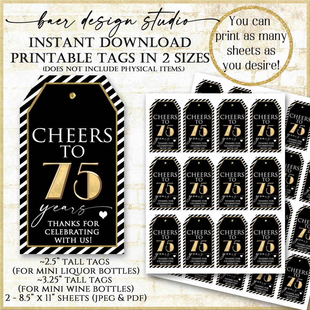 75th Birthday Party Favor Tags: Black and White Mini Bottle Labels ...