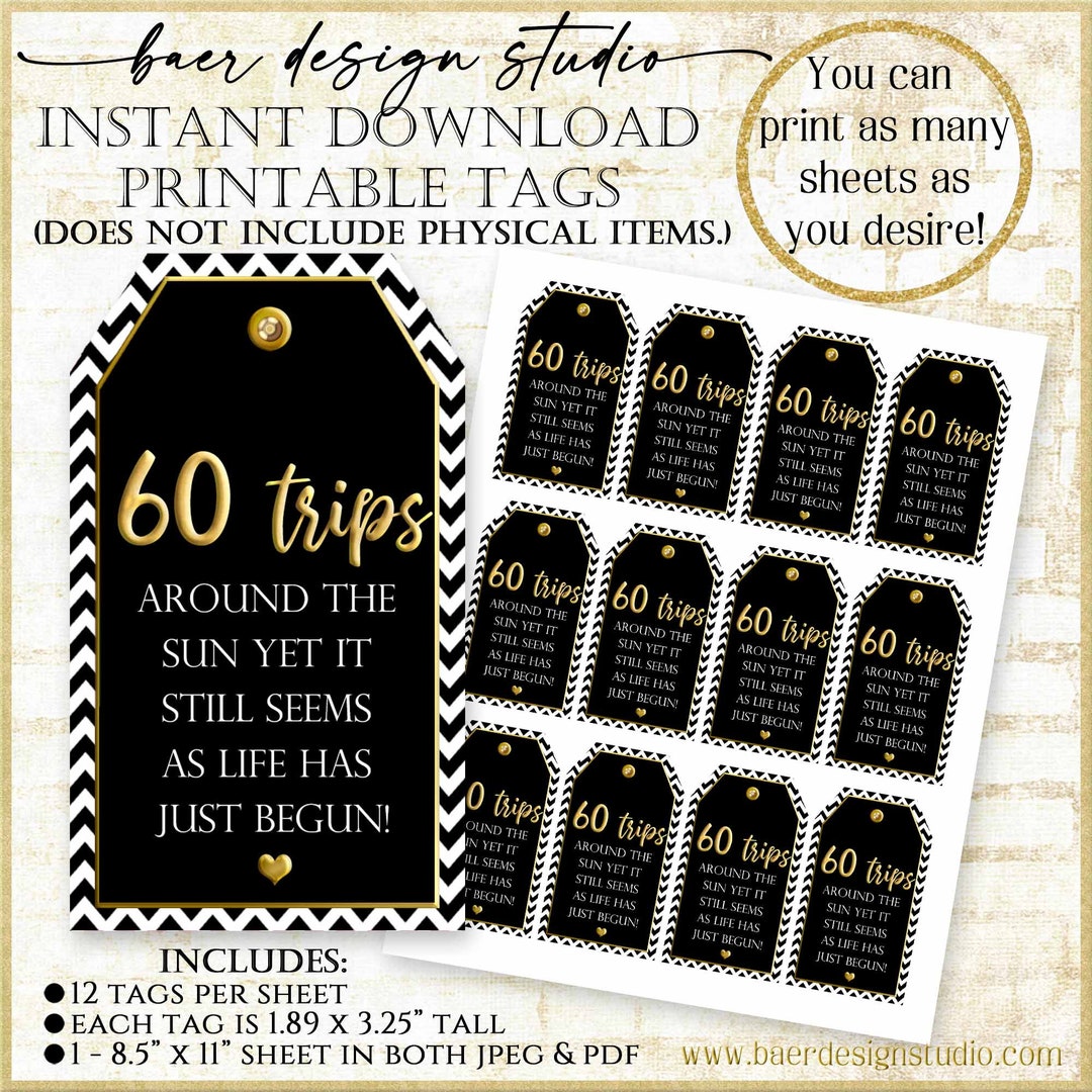 60th Birthday Thank You Tags, 60 Trips Around the Sun Black and Gold ...
