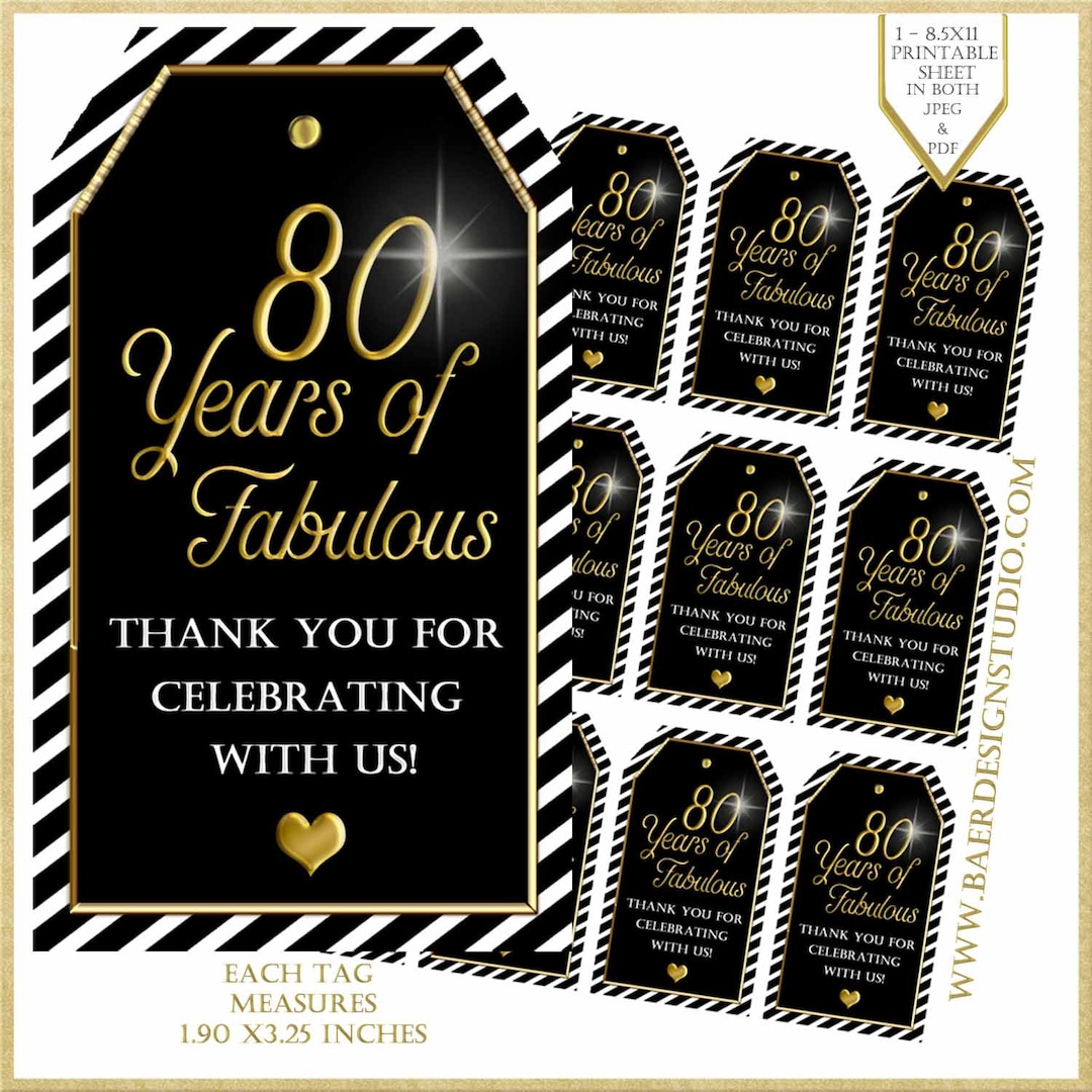 Thank You Tags, 80 Years of Fabulous, Party Favor Tags, Black and Gold ...