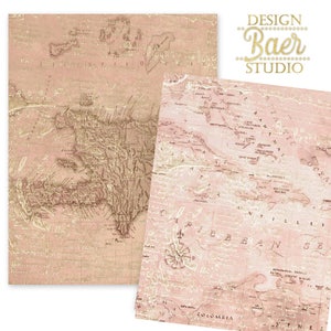 Pink Map Digital Paper: Blush Decoupage Printables, Dusty Rose ...
