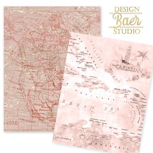 Pink Vintage Map Digital Paper: Blush Decoupage Printables, Dusty Rose ...