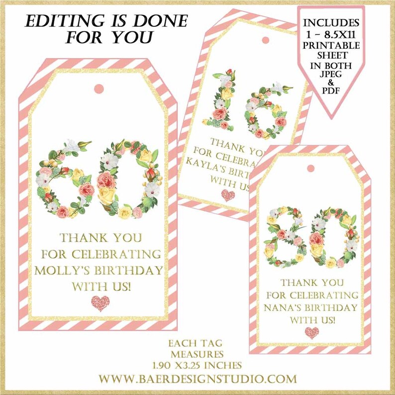 Thank you tags:60th birthday party favors Printable Tags | Etsy