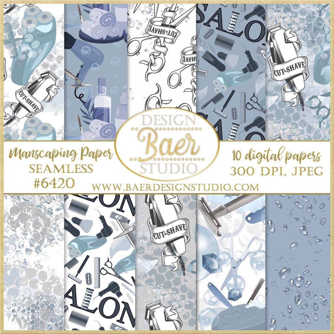 Barber Shop Digital Paper: Light Blue Manscaping Patterns (digital ...