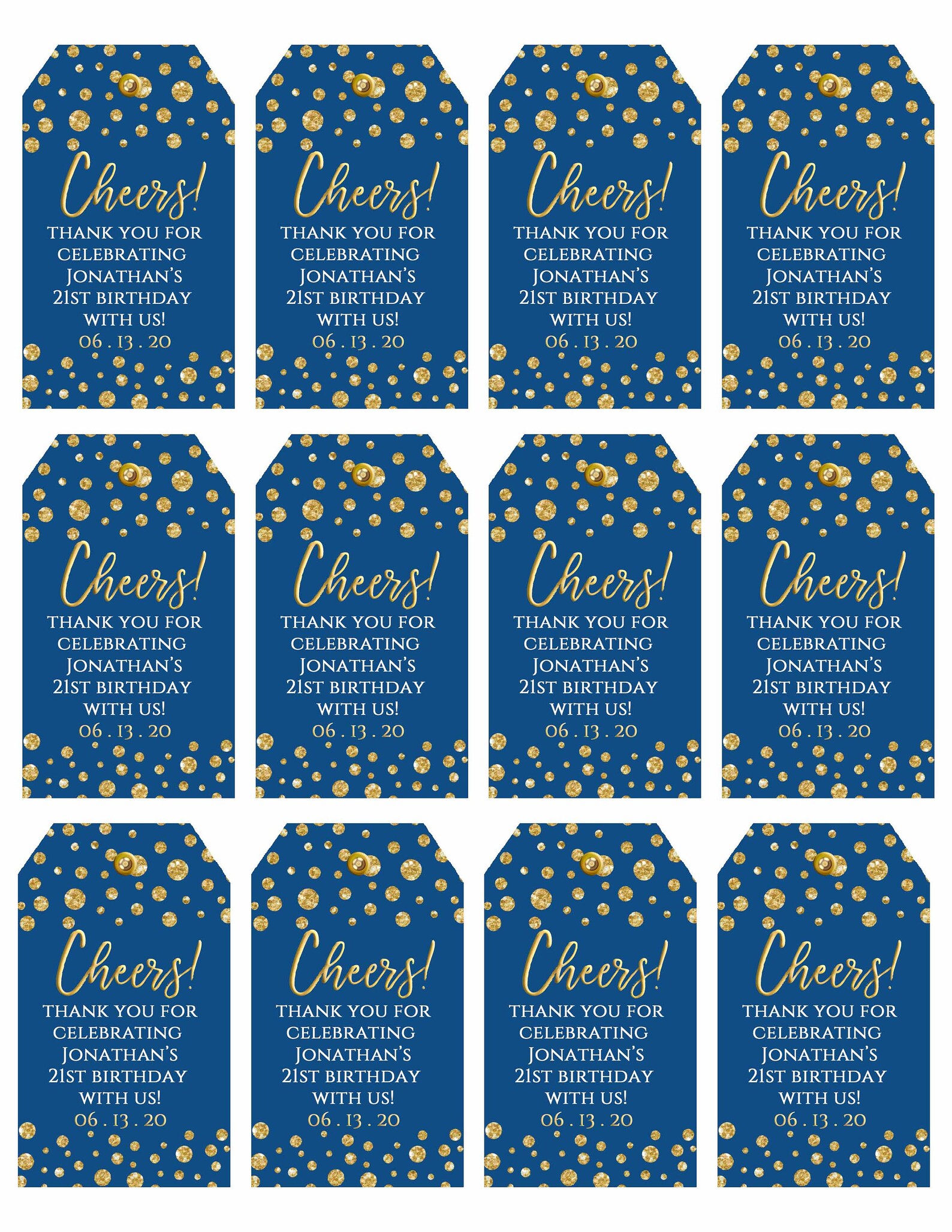 Thank You Tags:cheers Birthday Tag Blue and Gold Printable - Etsy