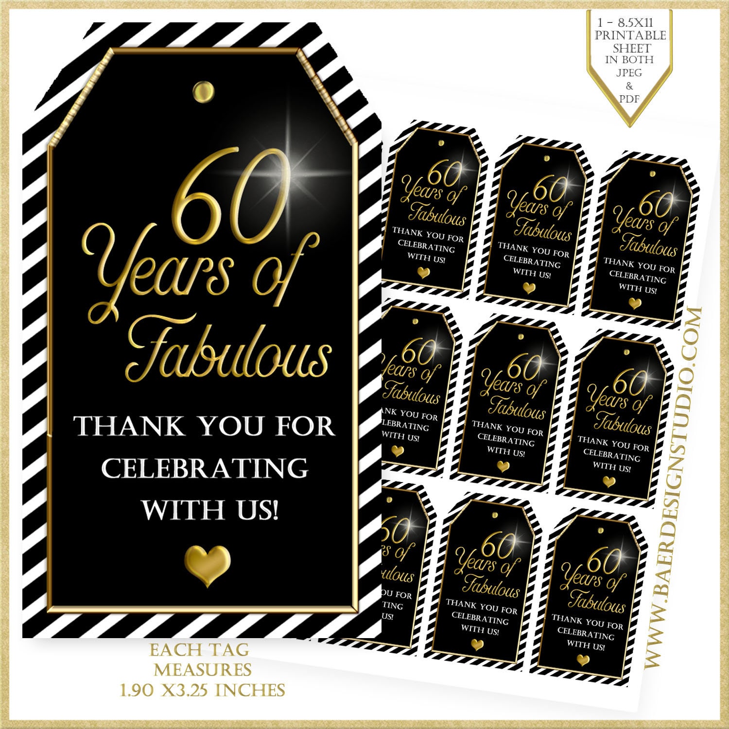 Thank You Tags 60 Years of Fabulous Party favor tags Black | Etsy