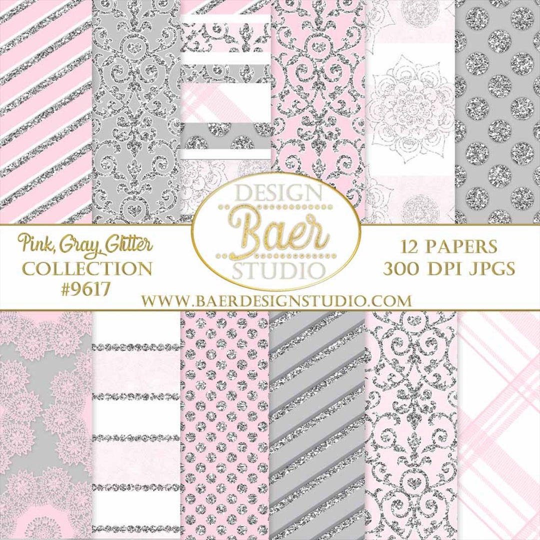 Pink and Silver Glitter Digital Paper: Damask, Stripes, Dots (digital ...