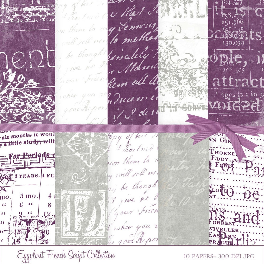 Purple and White Vintage Digital Paper, Purple Script Distressed ...