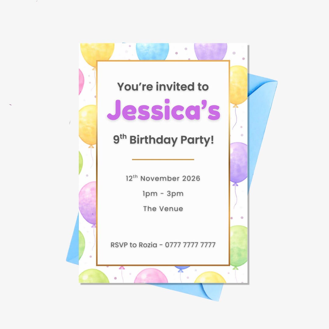 Multicolour Balloon Birthday Invitation – Editable Canva Template, A5 ...
