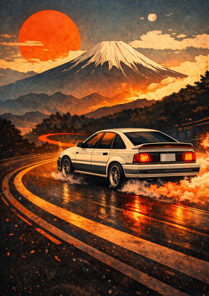 AE86 Fuji Drift Poster | JDM Mountain Road Print | Japanese Sunset Car ...