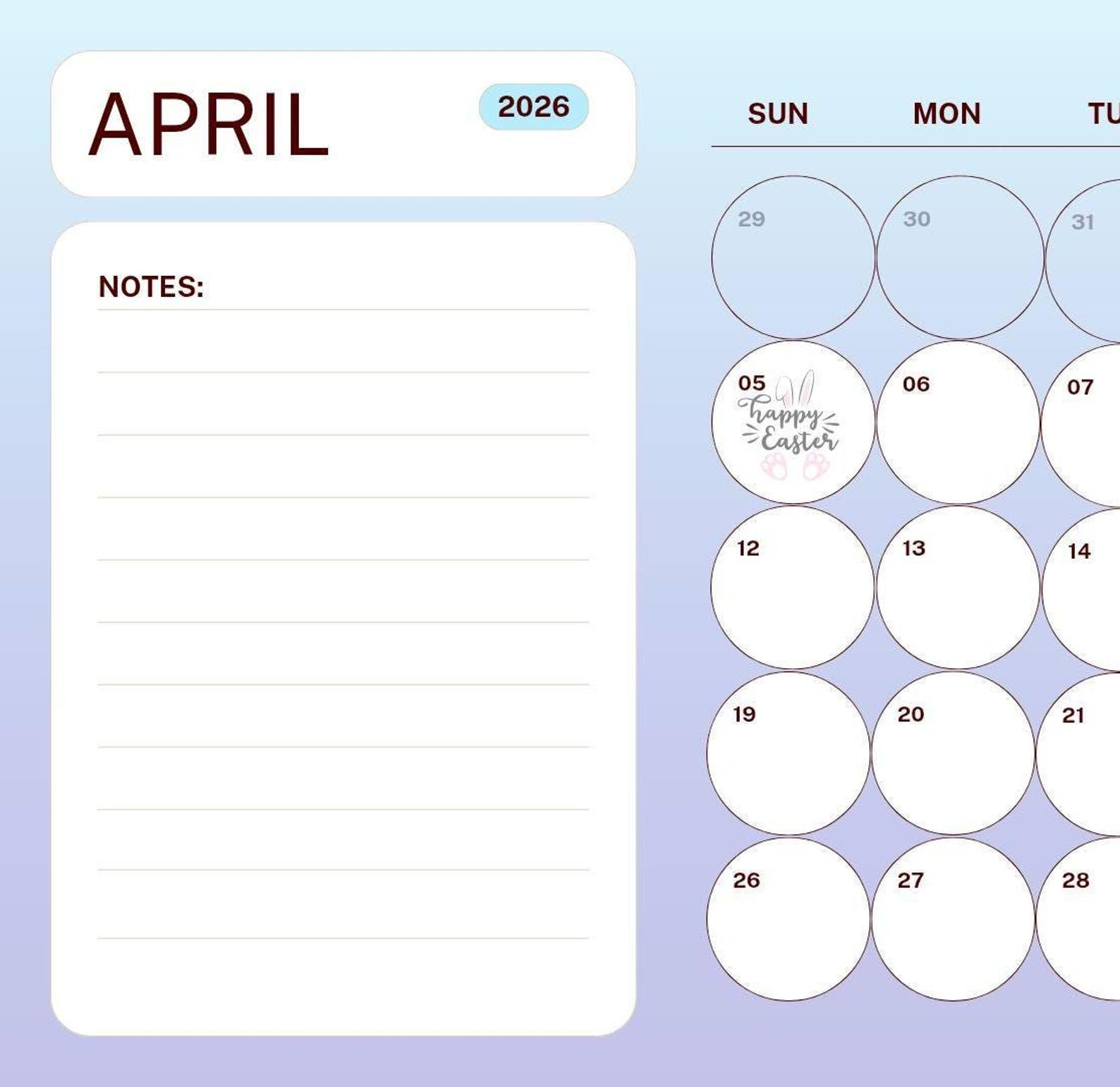 March April 2026 Calendar Printable | Minimal Circle Design (A4 A5 ...