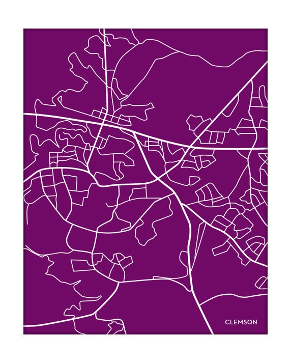 Clemson SC Map Art / University City Print / 8x10 Grad Gift / Any Color ...