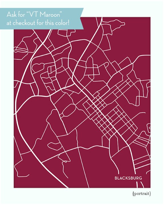 Blacksburg Map City Art Print / Virginia Tech University Wall Art ...