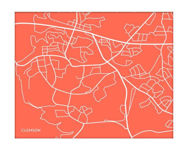 Clemson SC Map Art / University City Print / 8x10 Grad Gift / Any Color ...