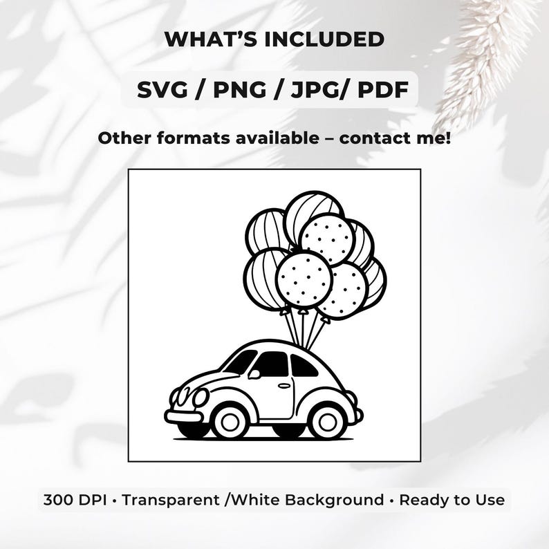 Cute Car With Balloons SVG PNG, Retro Beetle Outline, Birthday Party ...