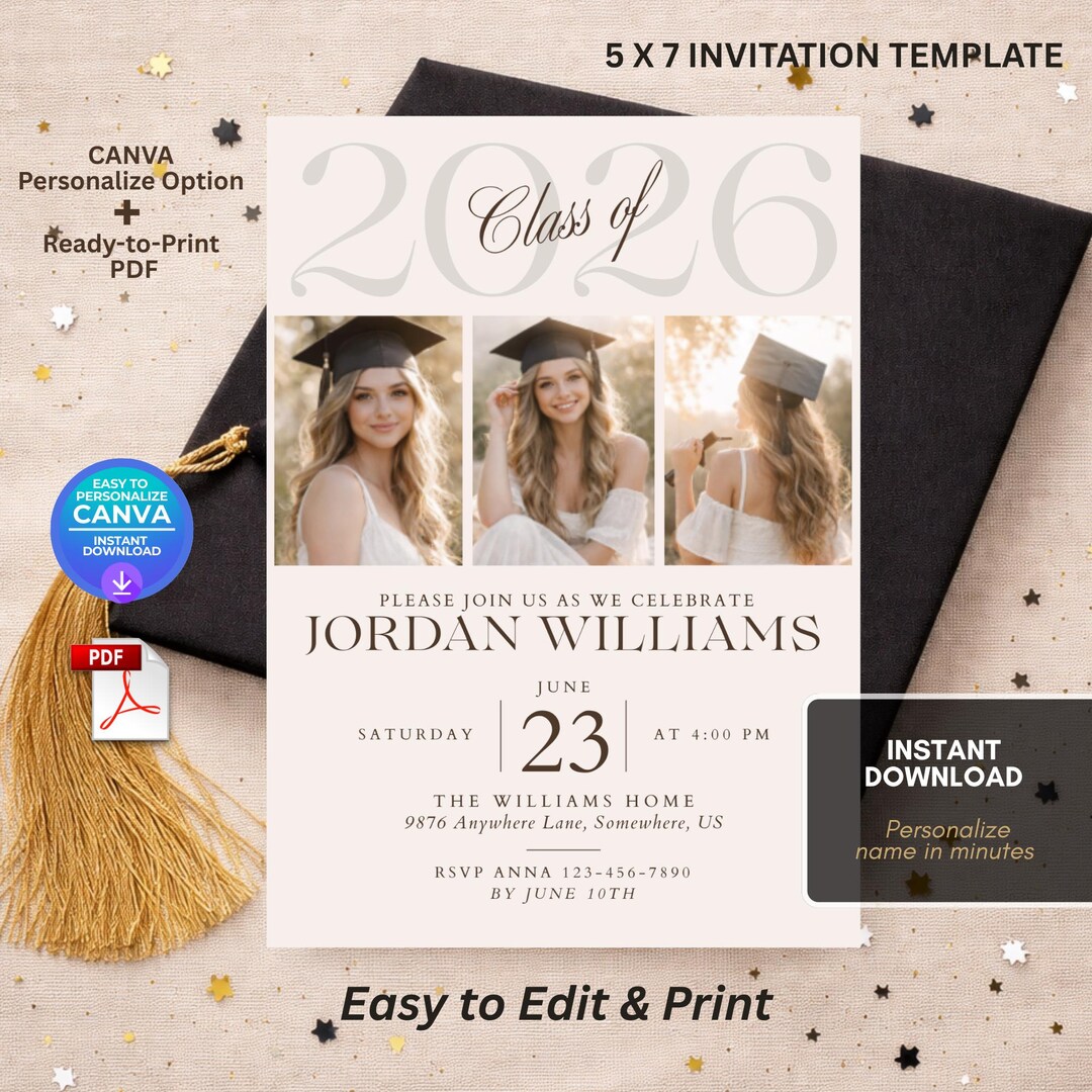 Graduation Invitation Template, Neutral Photo Grad Invite, Canva ...