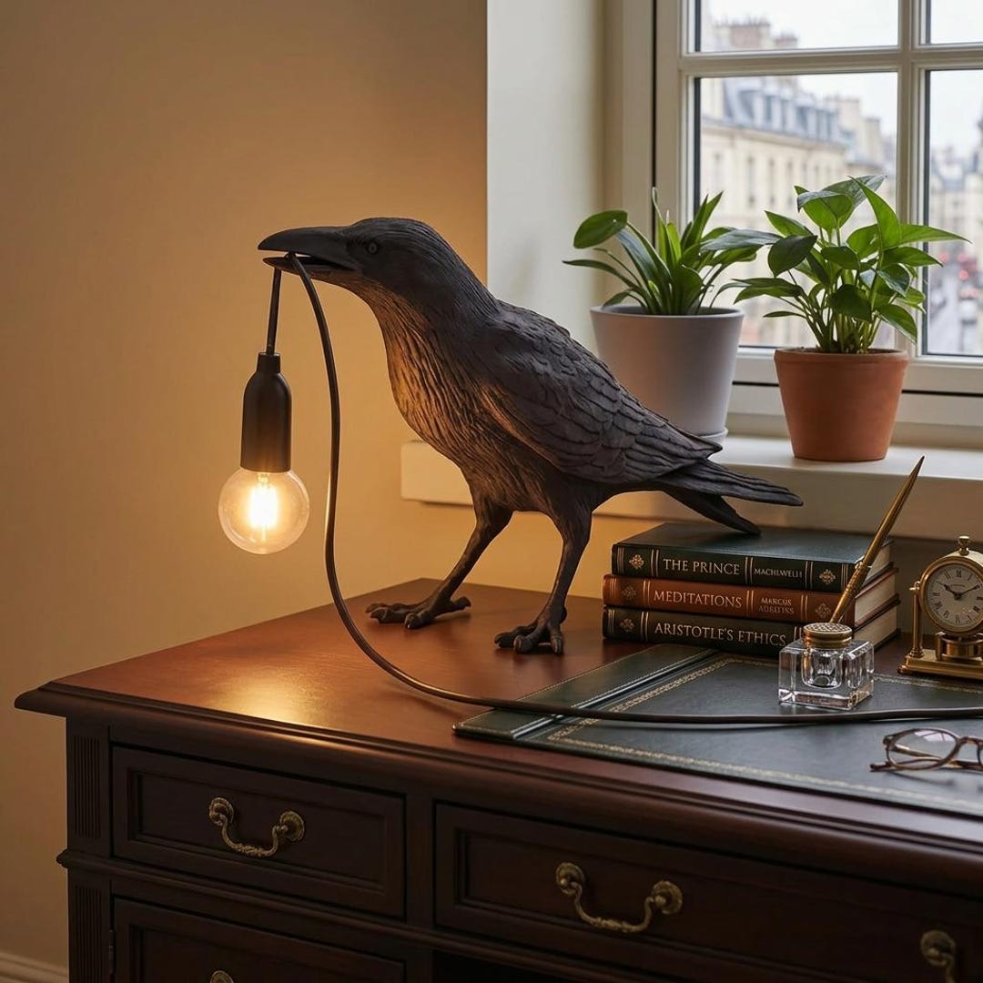 Raven Table Lamp Gothic Crow Desk Lamp Black Resin Bird Light Dark ...
