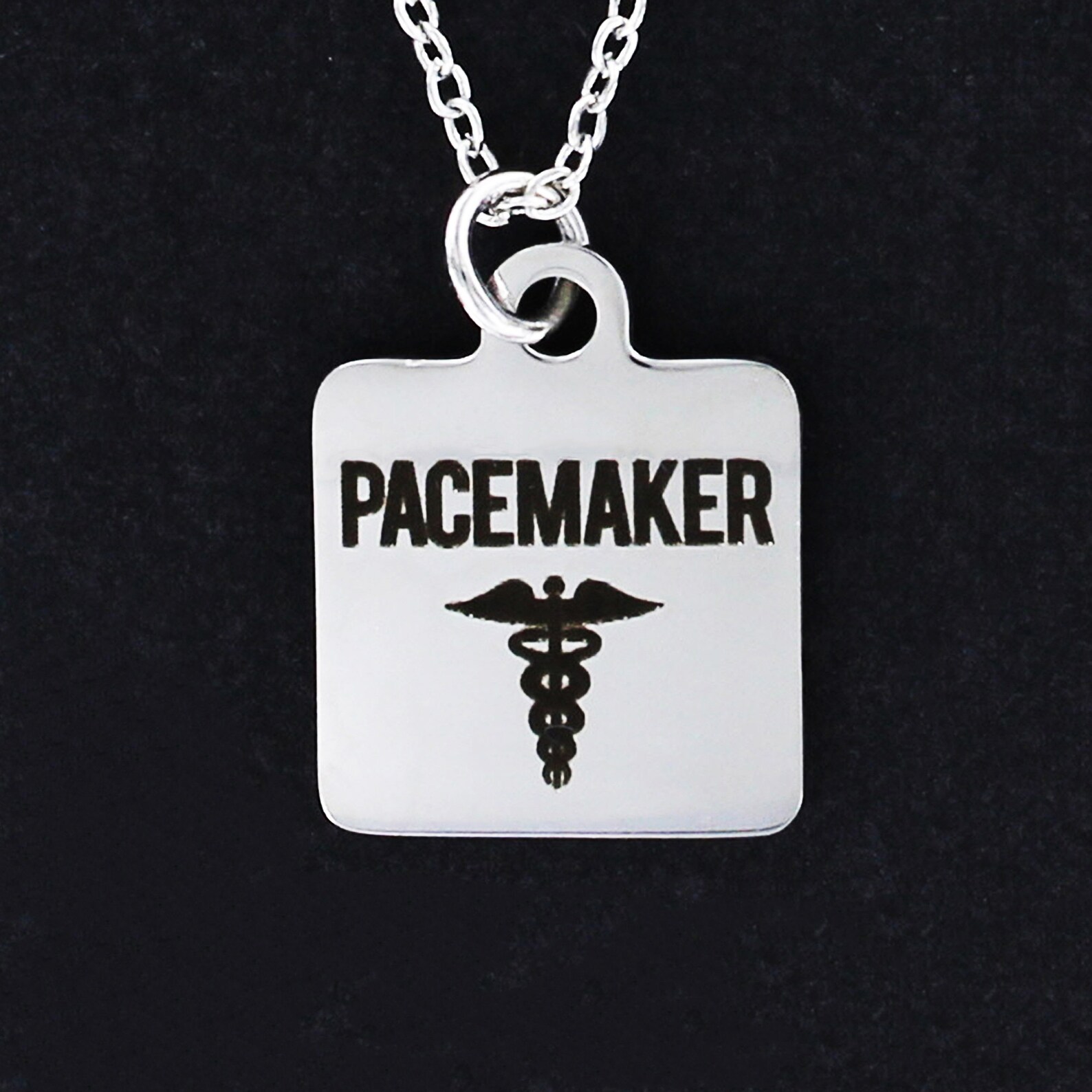 PACEMAKER NECKLACE - Square Stainless Steel Charm on Cable Chain Choice ...