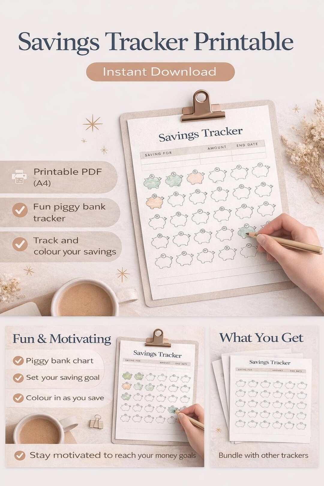 Savings Tracker Printable | Piggy Bank Savings Chart | Money Saving ...