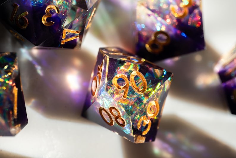 Sharp Edge DND Dice Set – Purple Resin Dice With Multi Color Foil and ...