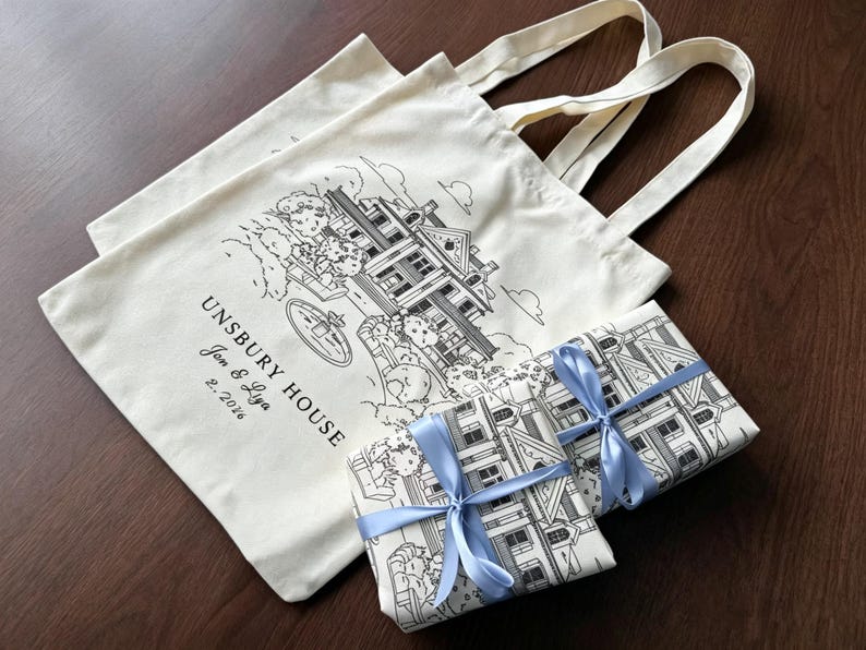 Custom Illustrated Wedding Tote Bag, Personalized Welcome Gift, Bridal ...