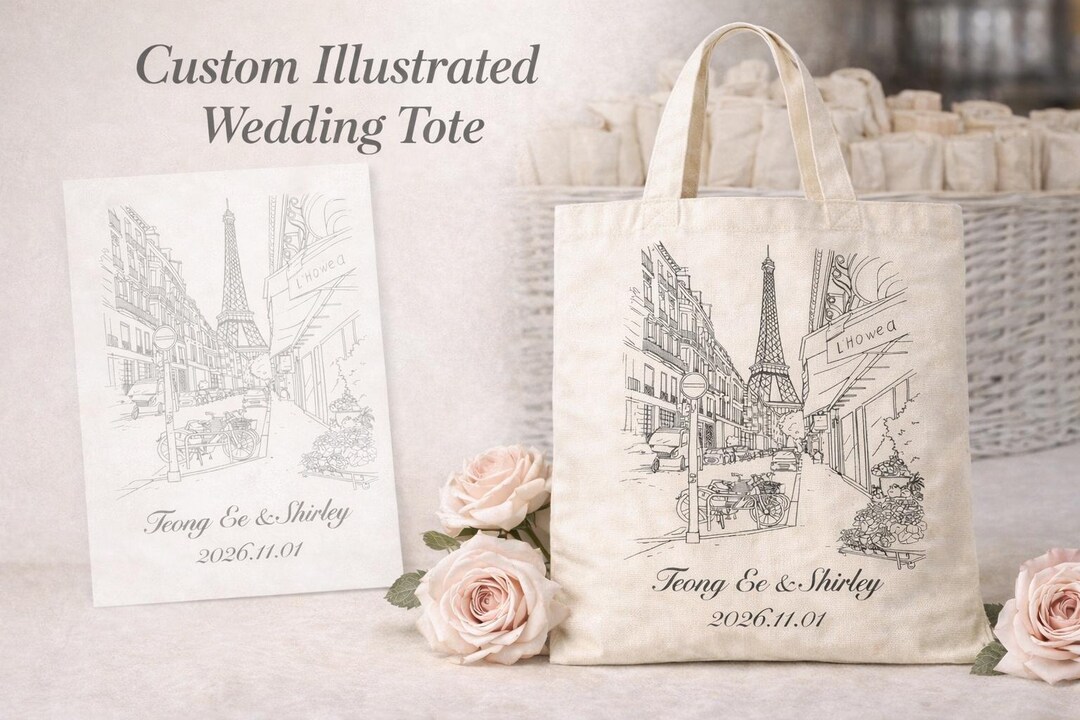 Custom Illustrated Wedding Tote Bag, Personalized Welcome Gift, Bridal ...