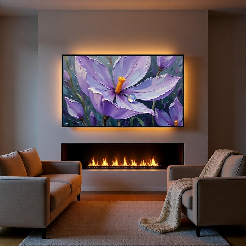 Samsung Frame TV Art Purple Flower Painting, Textured Brushstroke ...